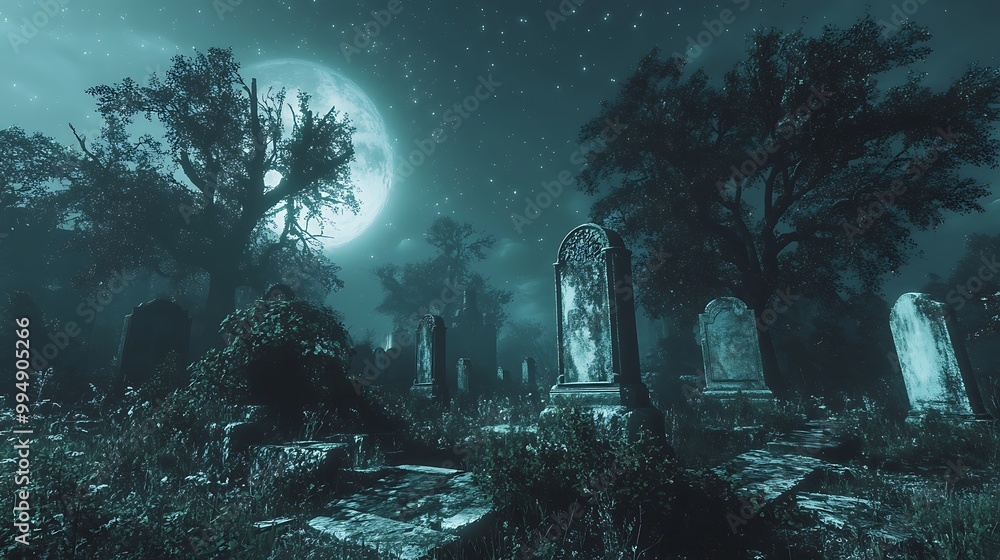 Graveyard at Midnight An eerie cemetery with crooked tombstones and twisted trees under a starry ...