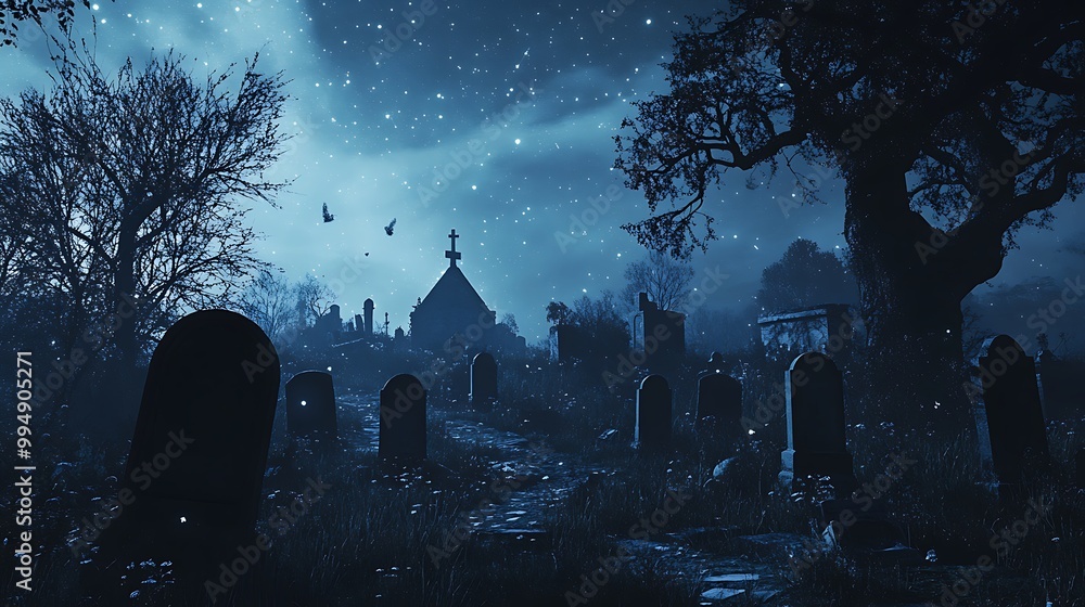 Graveyard at Midnight An eerie cemetery with crooked tombstones and twisted trees under a starry ...