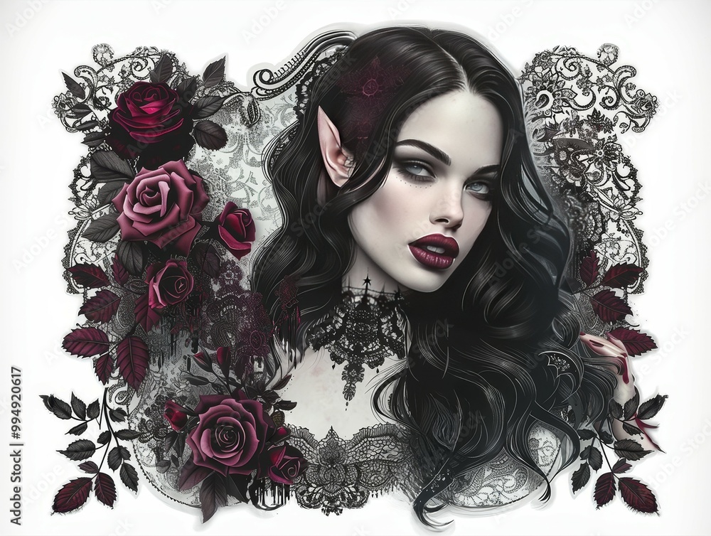 Digital artwork of a gothic elf woman adorned with dark red roses and ...