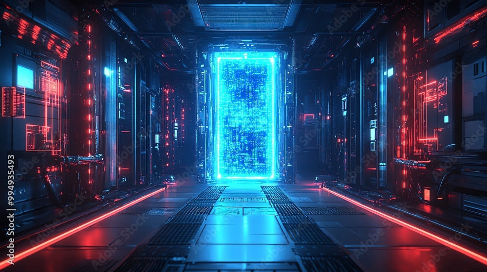 Futuristic AI supercomputer in a hightech lab, emitting holographic blue data and neon ...