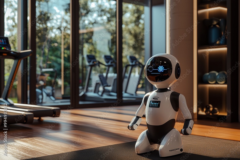 A fitness-oriented home robot guiding a user through a workout routine ...