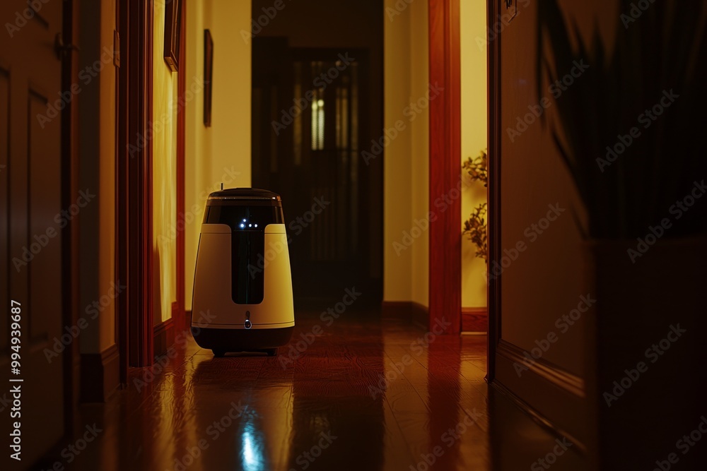 A vigilant home robot patrolling a quiet home at night, softly ...