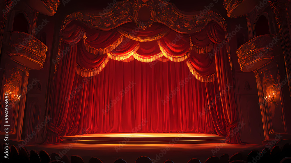 Ornate theater stage bathed in dramatic red light velvet curtains ...
