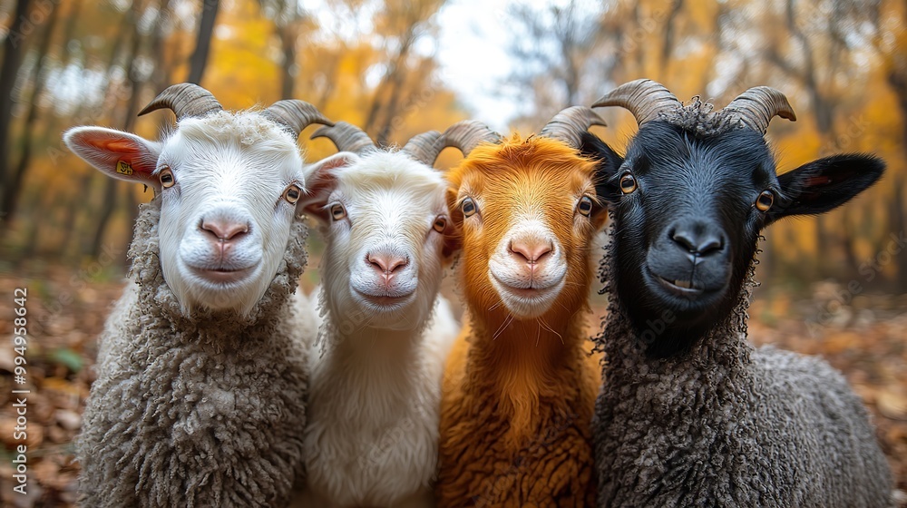 Smiling goats and sheep pose for a funny selfie, their happy faces ...