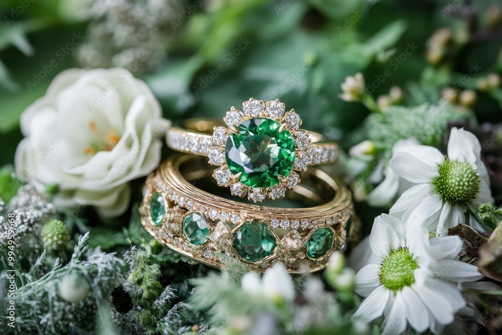 Sebuah cincin pernikahan ditempatkan secara elegan di atas daun hijau ...