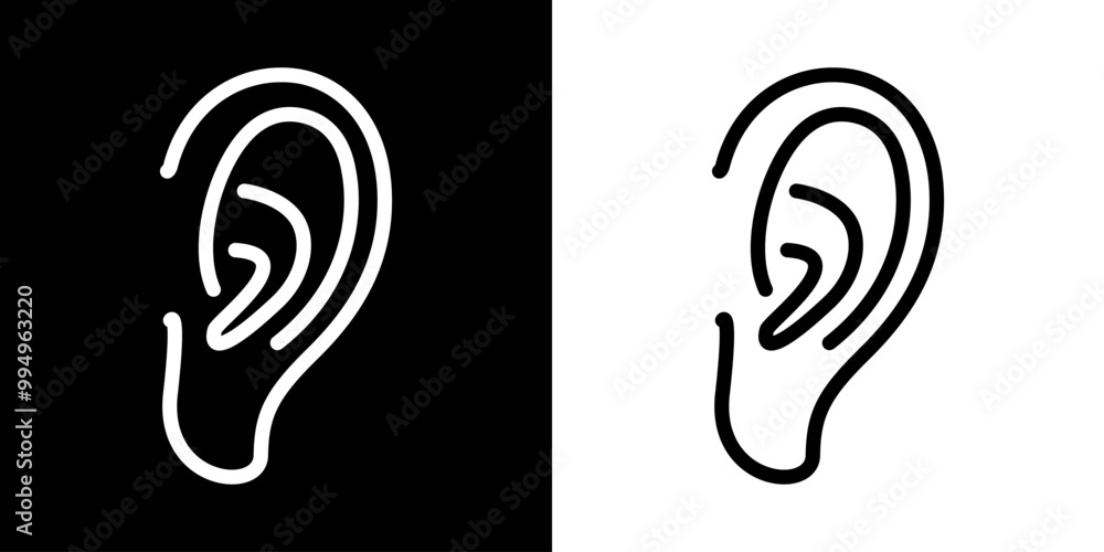 Ear listening thin line icon set on white background, audio, music ...