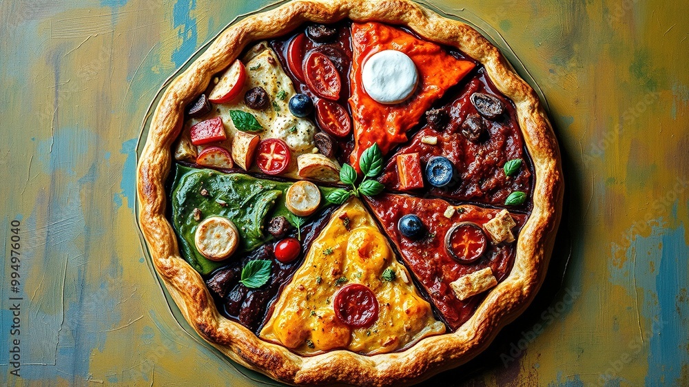 A colorful, stylized representation of a savory pie divided into ...