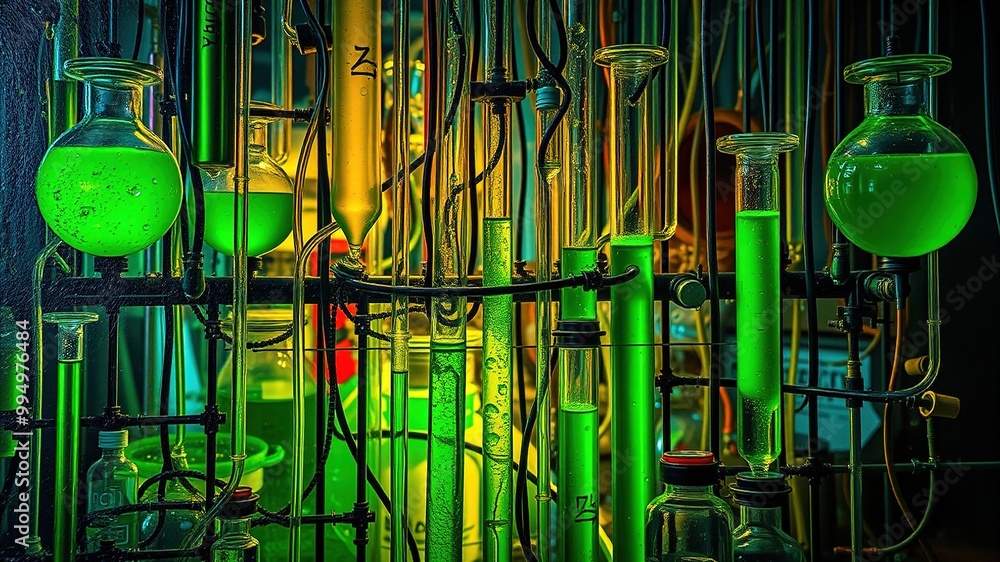 A complex network of slender tubes and vessels, filled with vibrant ...