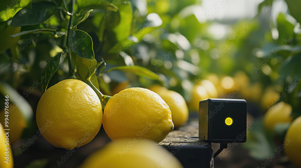 Lemon trees with ripe lemons and sensor device monitoring growth and ...