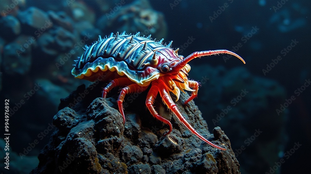 A deep-sea isopod, Bathynomus doederleinii, perches atop a dark, rocky ...
