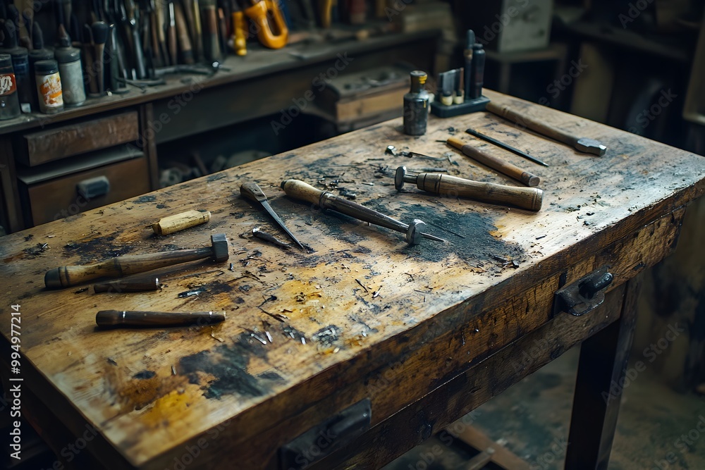 A well-worn wooden workbench covered in scratches and stains from years ...