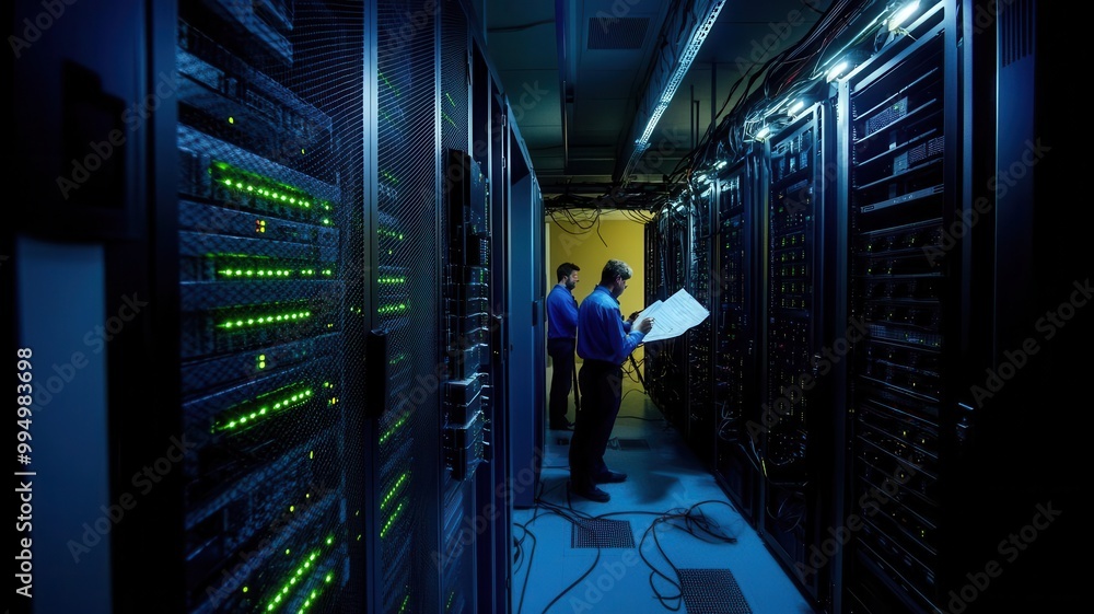 IT staff working in a darkened server room during a simulated power ...