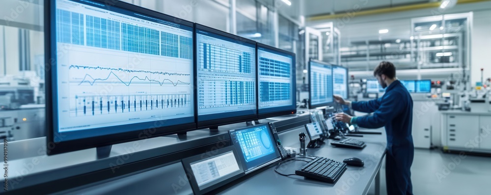 Factory control room with SPC charts displayed on multiple screens ...