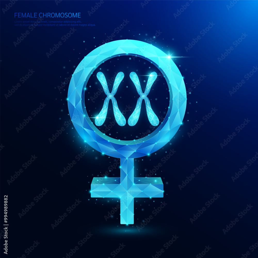 Female chromosome DNA in nucleus cell. Gene double helix blue glowing ...