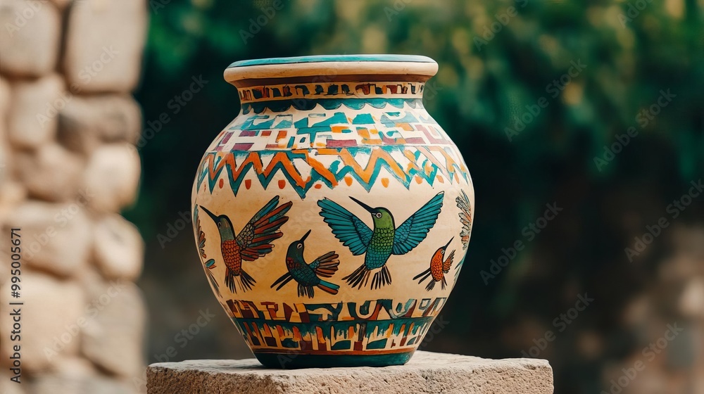 Aztec ancient jar with hummingbird patterns, resting on an ancient ...