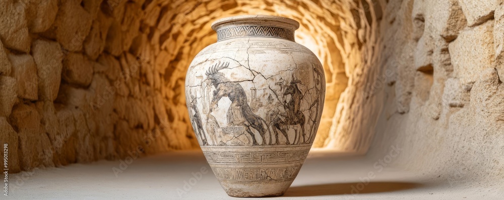 Greek ancient jar with Minotaur scenes, cracked and worn, placed in an ...