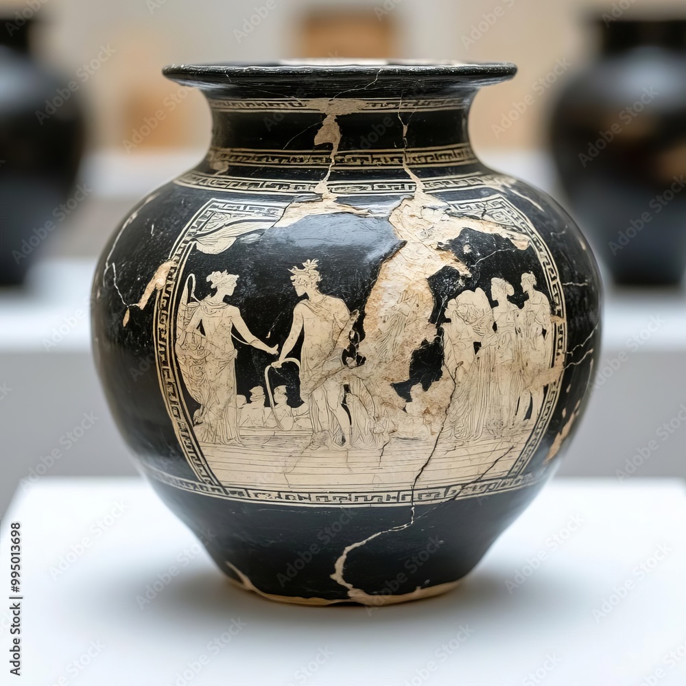 Greek black-figure jar with mythological scene, cracked and aged, set ...