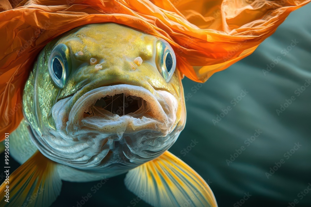 A close-up of a fish's gills clogged with microplastics, showing signs ...