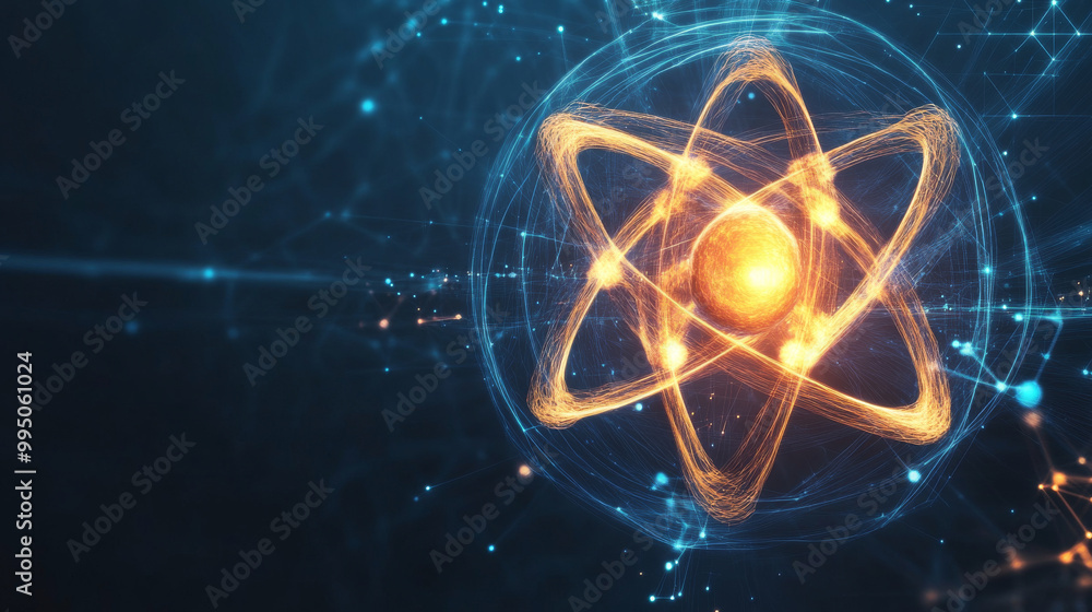 image depicts vibrant representation of an atom, showcasing its nucleus ...