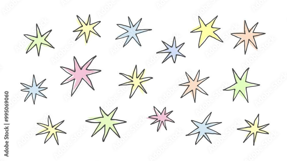 Rough hand drawn cute stars doodle with color. Shining star, spark ...