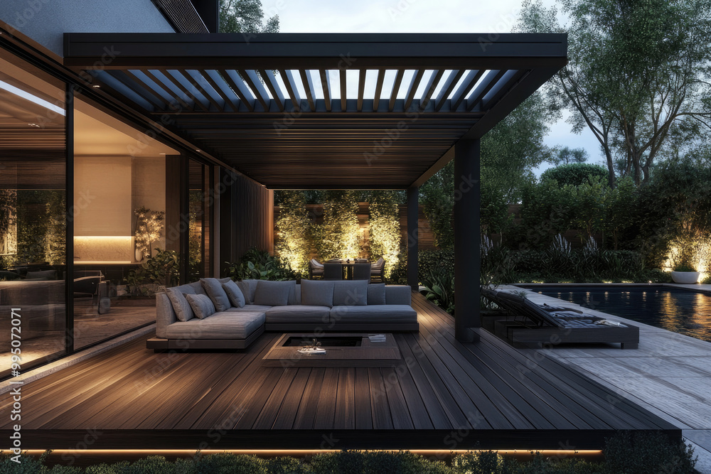 A modern wooden terrace with black roof and wood slats, a swimming pool ...
