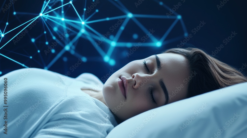Woman sleeping with neural network representing sleep stages A woman in ...