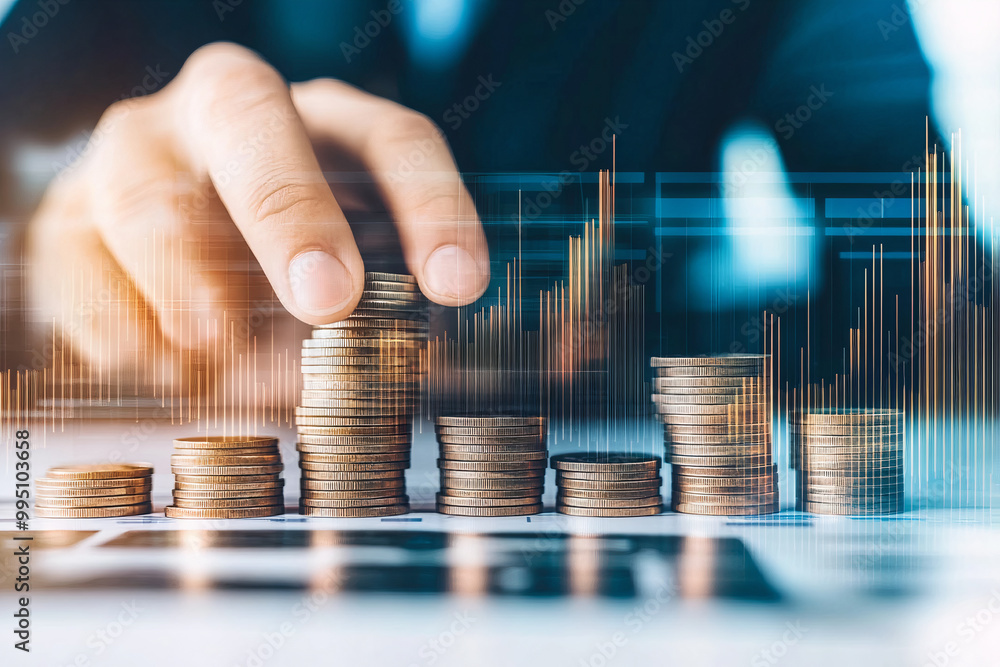 man stacks coins in columns, double exposure with graph and diagram ...