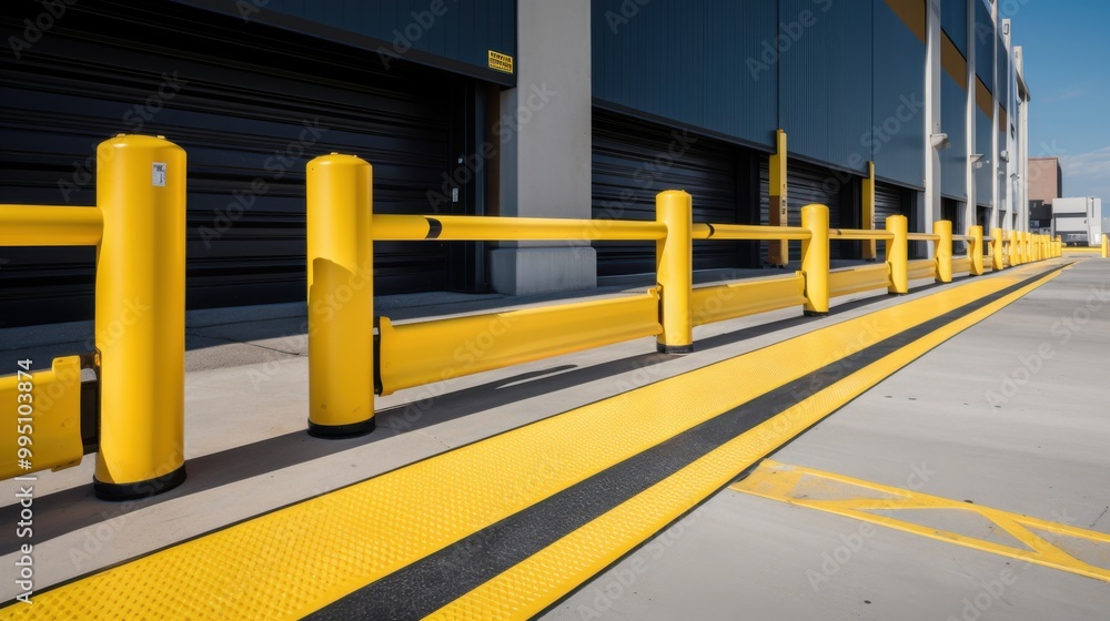 A clean and organized loading dock with bright yellow safety barriers ...