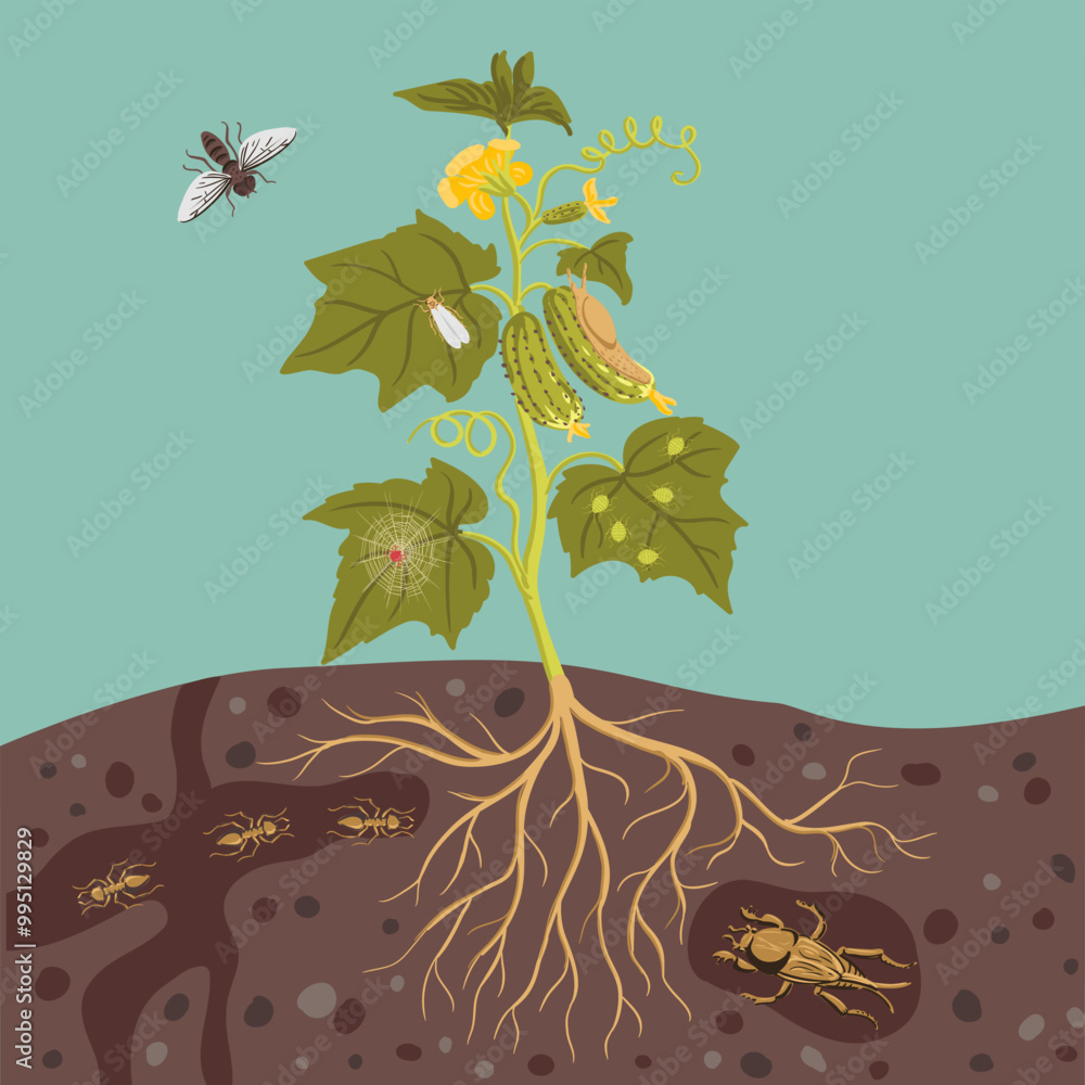 vector drawing plant of cucumber with green leaves and flowers and ...