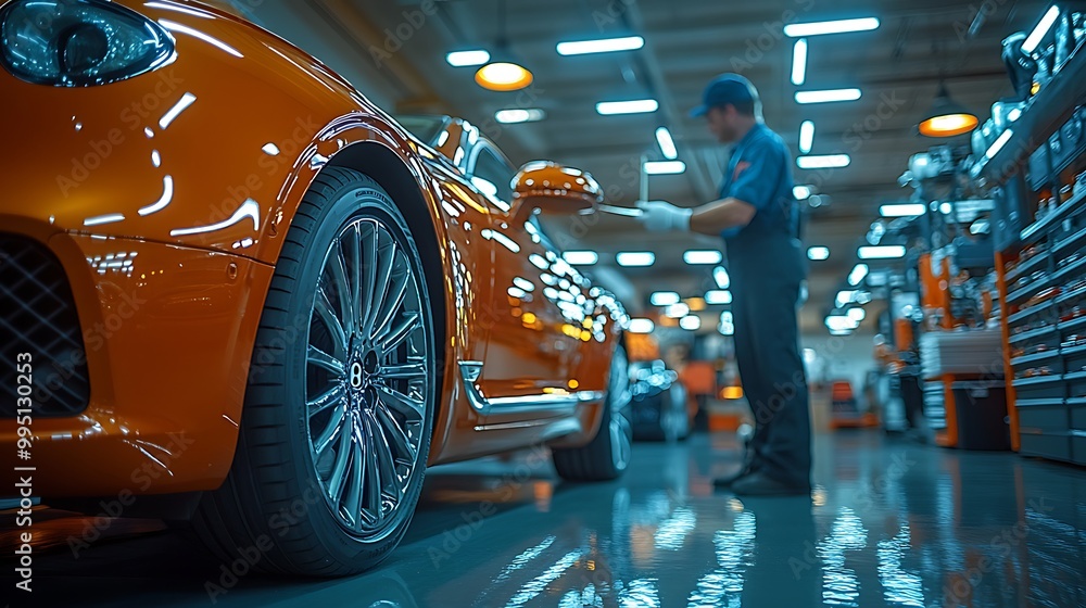 A mechanic checking the oil levels of a luxury vehicle, with a dipstick ...