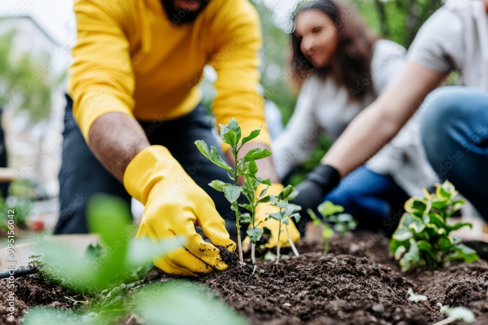 A diverse group of people planting seeds together in a community garden ...