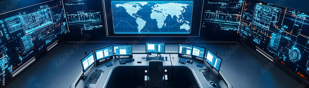 High-Tech Command Center with Multiple Monitors Displaying Global Maps ...