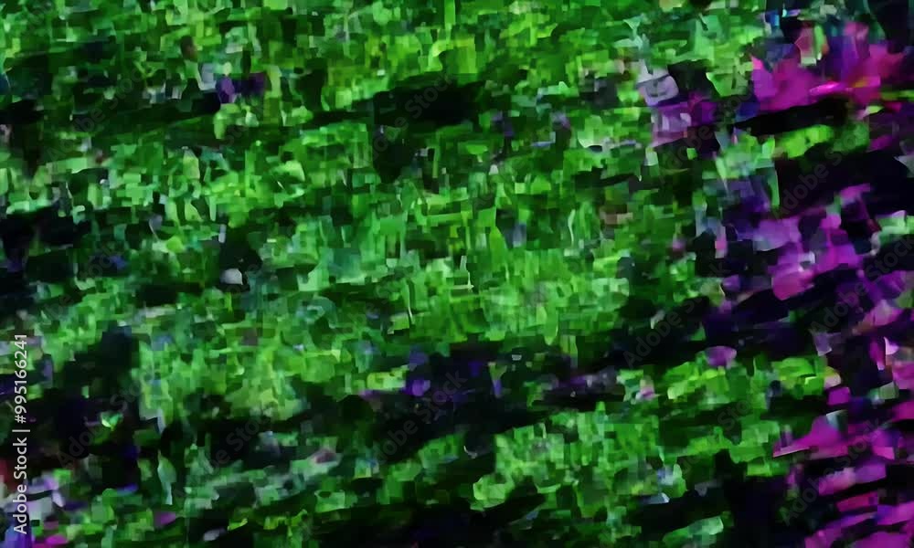 Animated static noise with glitch errors fills the screen, showing ...