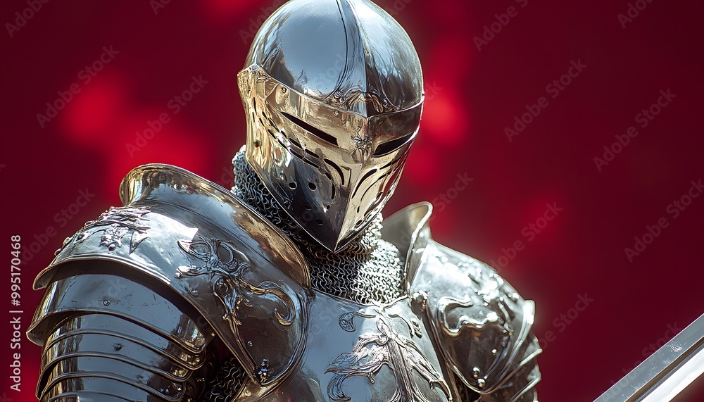 A medieval knight costume with a shining suit of armor, a helmet with a ...
