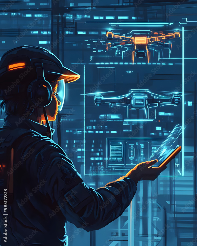 Engineer Operating a Drone Control Interface with Advanced Digital Displays in a High-Tech ...