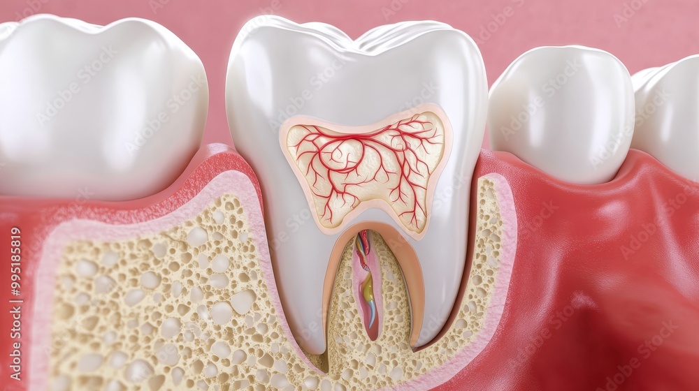 Dental anatomy, cross-section of tooth, detailed tooth root structure ...