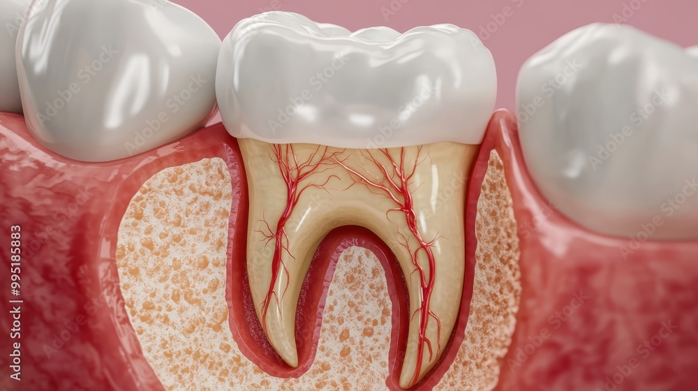 Dental anatomy, cross-section of tooth, detailed tooth root structure ...
