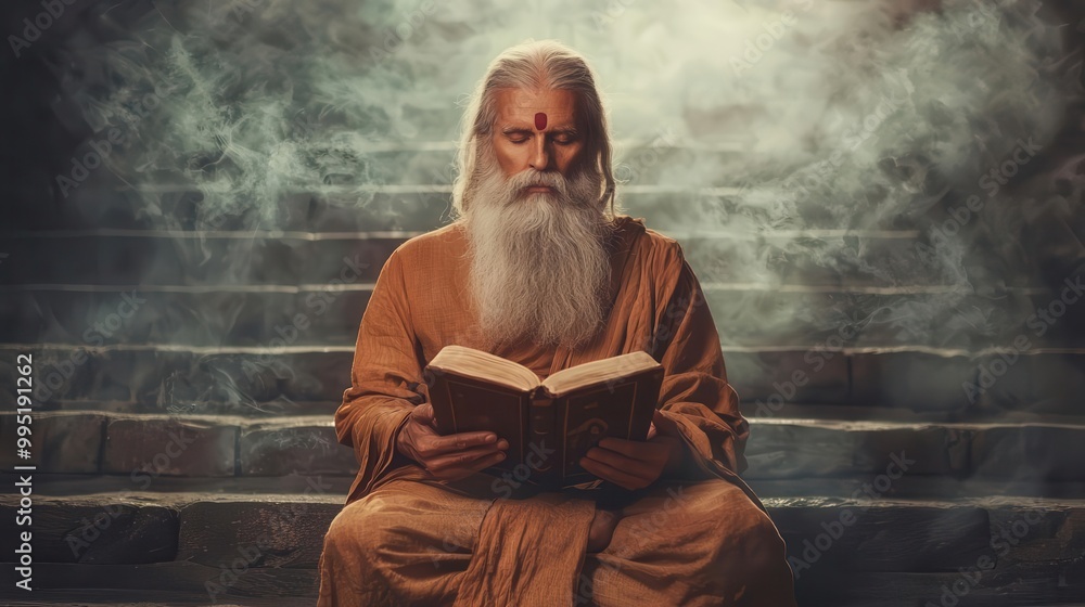 Brahma in traditional Indian attire, seated in a grand temple, holding ...