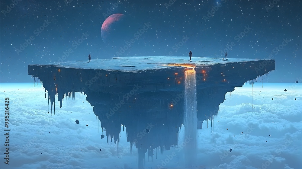 Conceptual image depicting a flat Earth model with a majestic waterfall ...