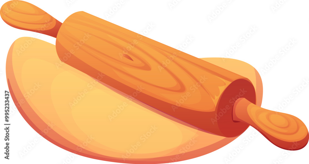 Wooden rolling pin on flattened dough representing cooking process and ...