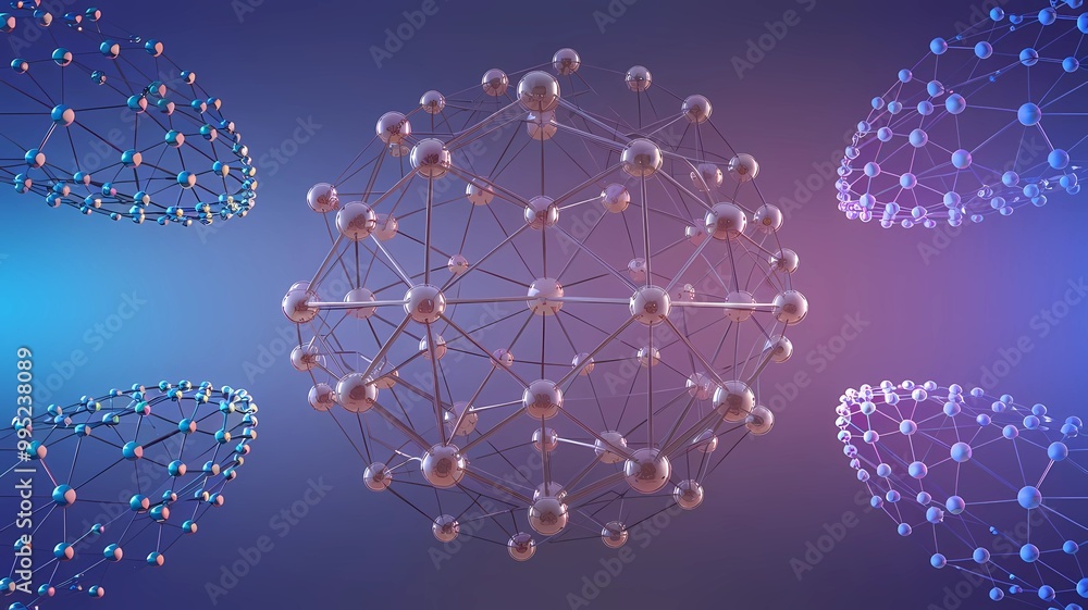A 3D illustration of a global network with multiple nodes connected by ...