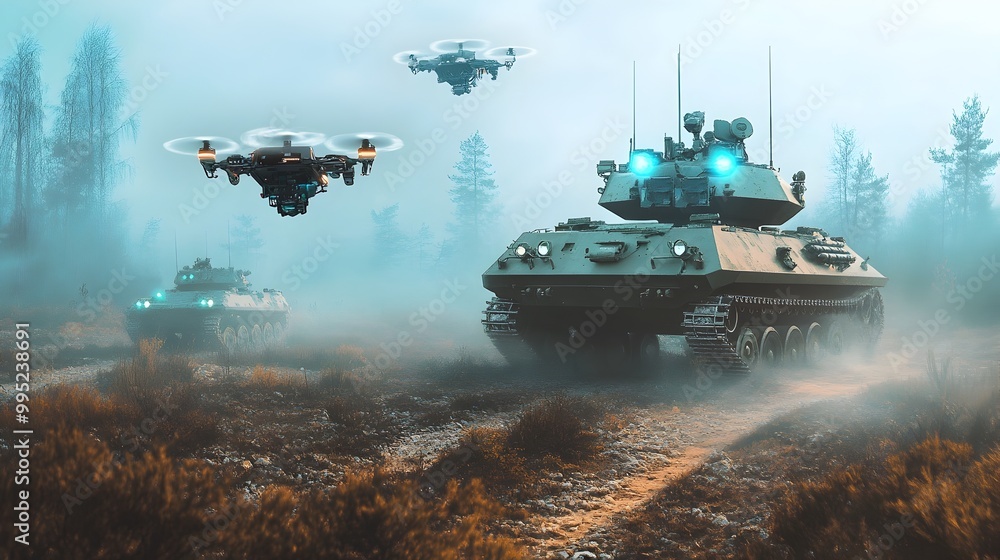 Heavily armored tank equipped with advanced multi layered anti drone ...