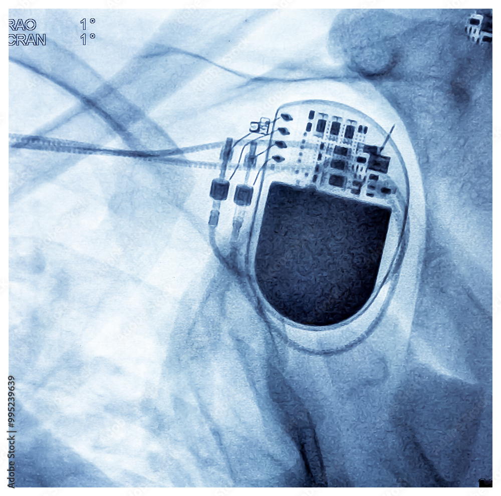 X ray image showed dual chamber permanent pacemaker (PPM) in left chest ...