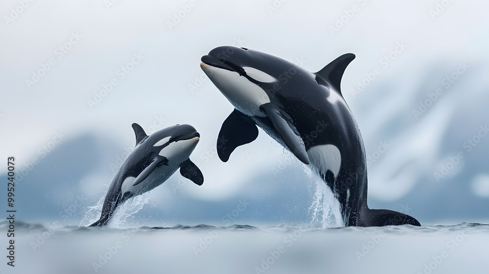 image of a mother orca and her calf breaching the water s surface in ...