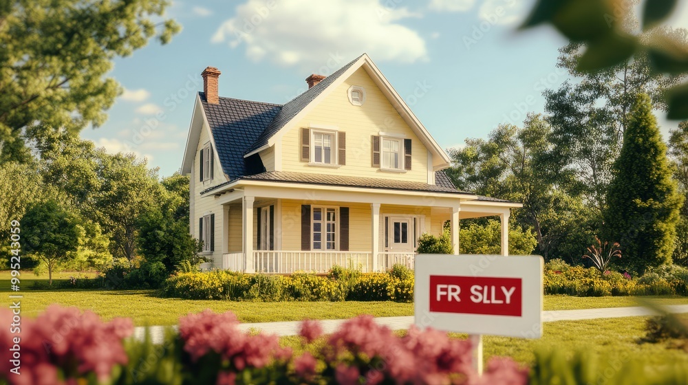 for sale sign at house background. House for sale. Country estate. Sale ...
