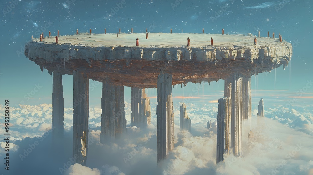 rendering of the Earth depicted as a flat plane supported by pillars ...
