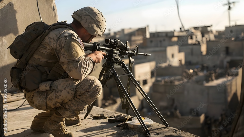 Soldier setting up portable machine gun on the rooftop of a building to ...
