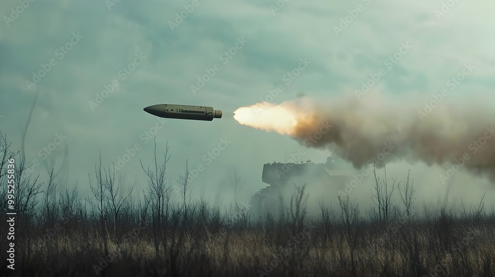 Tank firing an anti drone missile to intercept and neutralize an ...