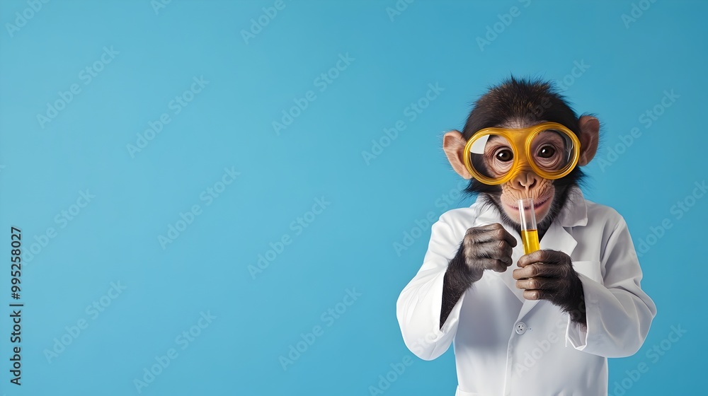 Whimsical of a curious monkey dressed as a scientist holding a test ...