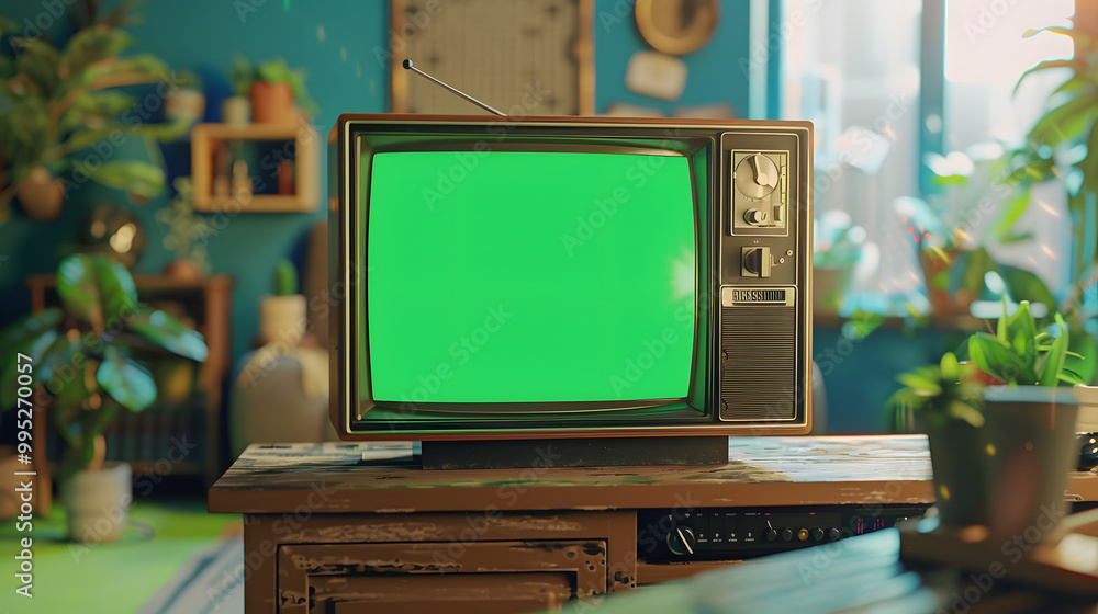 Close Up Footage of a Dated TV Set with Green Screen Mock Up Chroma Key ...